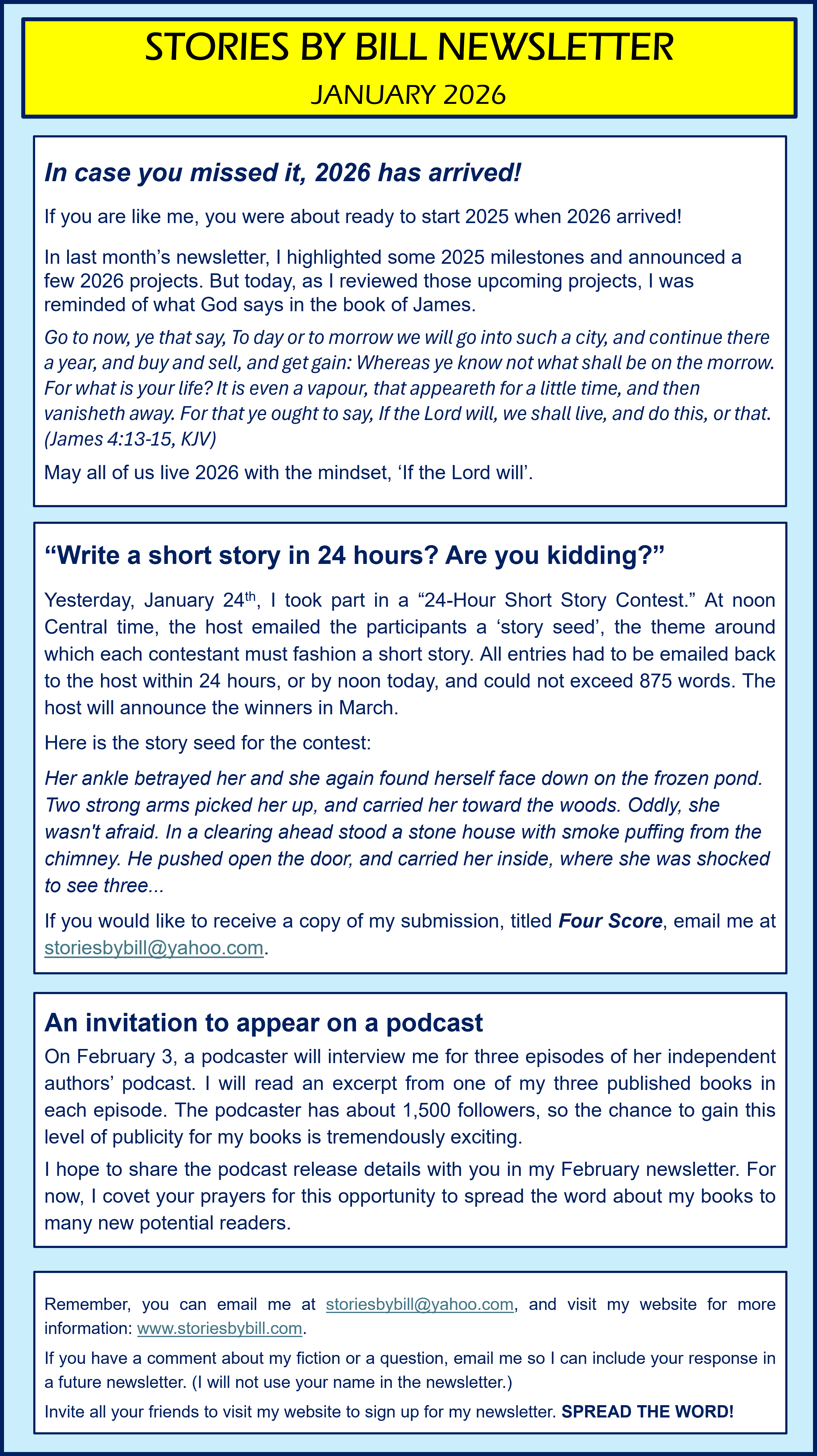 Stories By Bill Newsletter, January 2026 – Christian Fiction by Bill Shaul